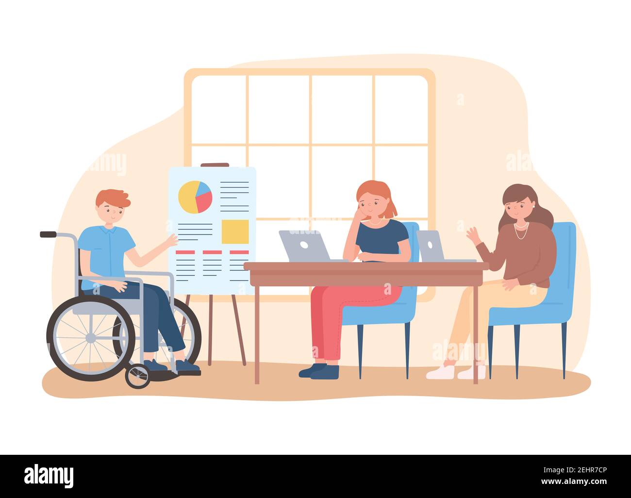 handicapped young man with colleagues working in office vector cartoon ...