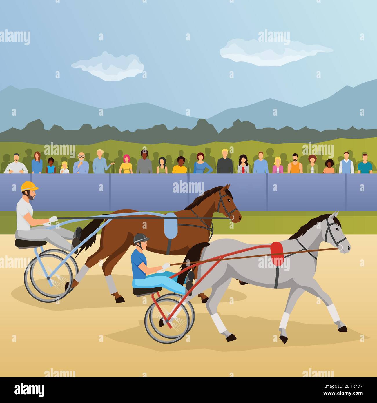 Harness racing flat composition with jockeys and horses, spectators ...