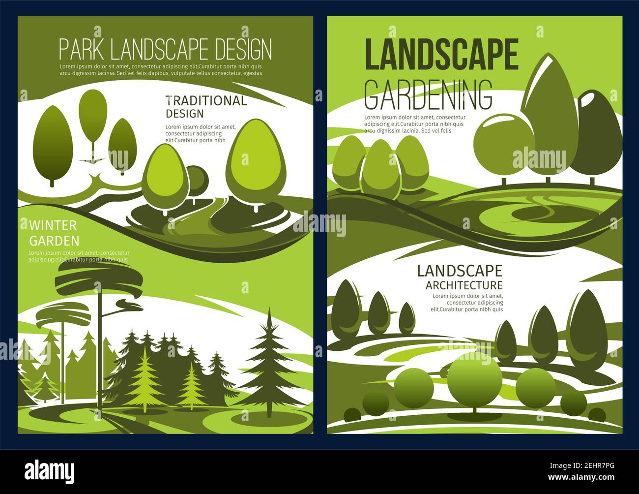 Landscape design and landscaping service vector banners with green ...