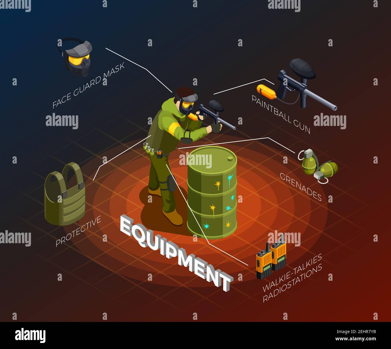 Paintball isometric composition of uniformed fighter character with gun ...