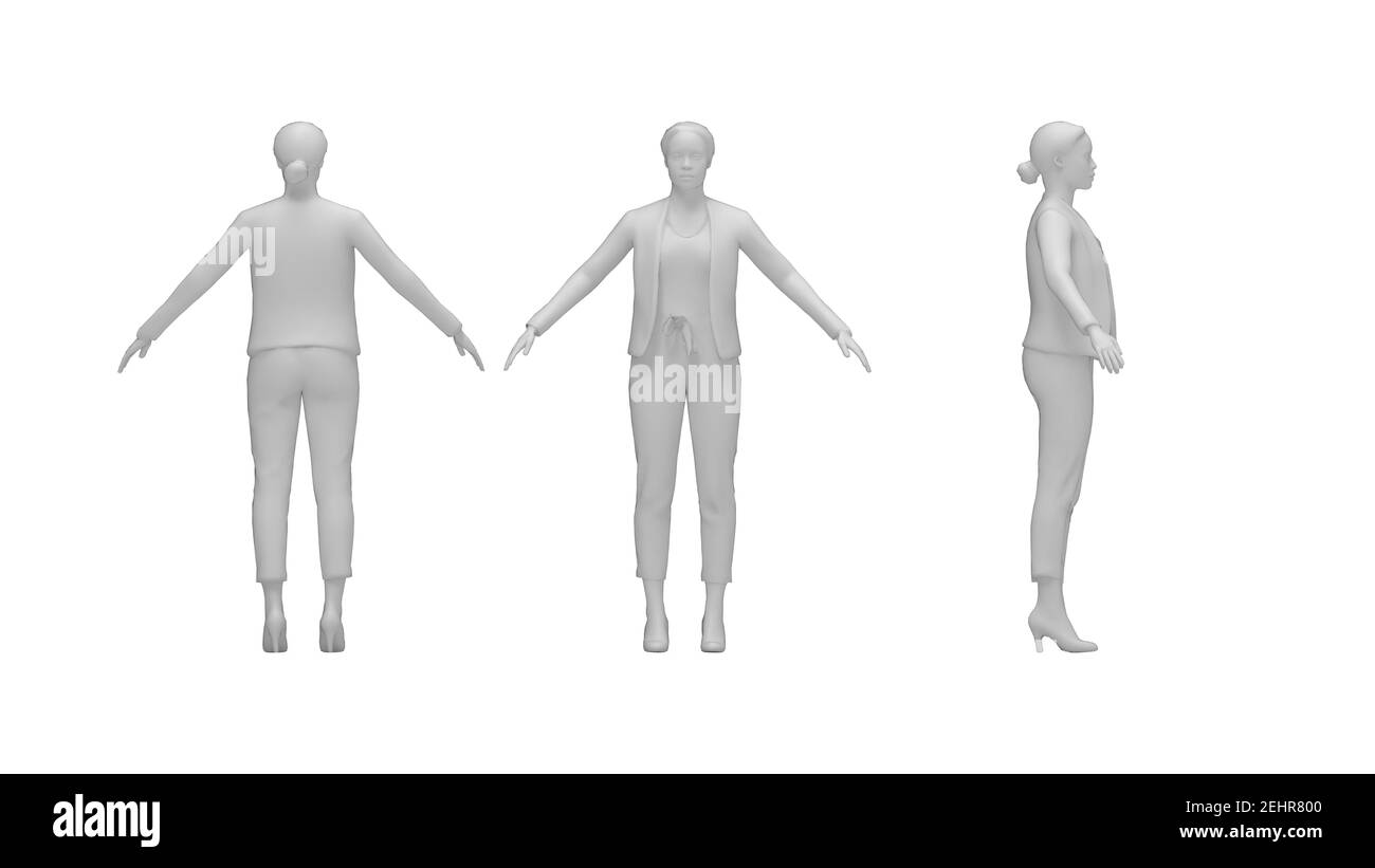 3D rendering of a business woman multiple views, front side and back ...