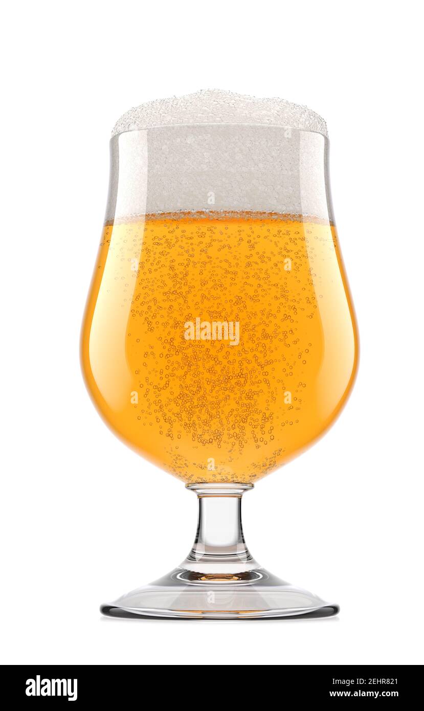 Frosty glass of fresh light beer with bubble froth isolated on white ...