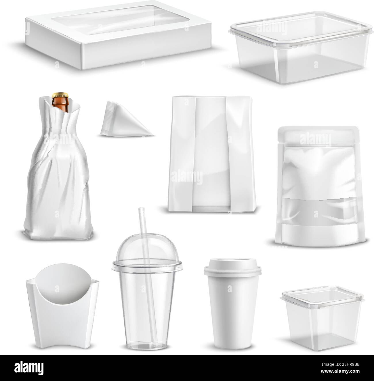 Blank glossy realistic set of food packaging containers and takeaway ...
