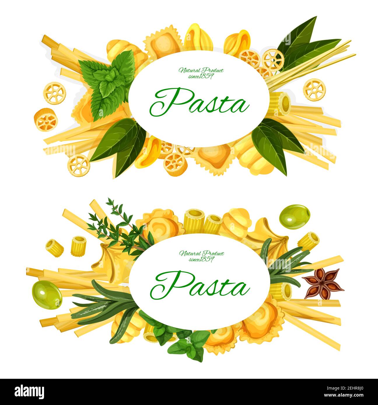 Italian cuisine pasta vector labels of fettuccine, penne and ...
