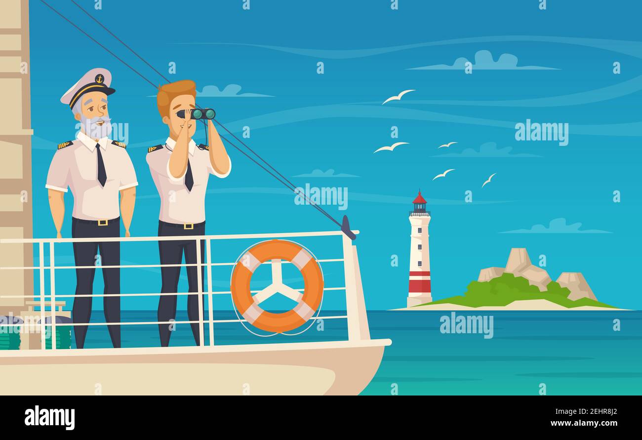 Yacht cruise liner captain and first chief officer on bow front of the ...