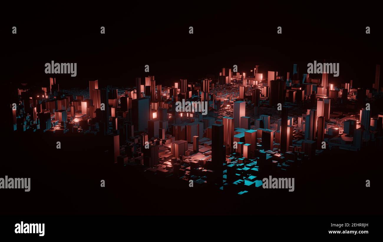 Aerial view of skyscrapers in holographic neon colors. Futuristic ...