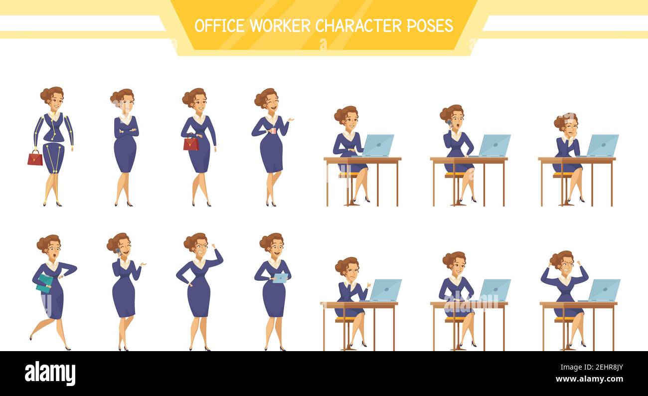Female office worker poses talking on cell phone sitting at computer ...