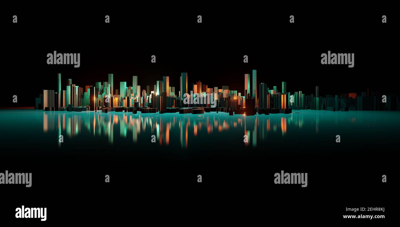 Skyscrapers reflect lights on water in holographic neon colors. Futuristic buildings and glowing ...