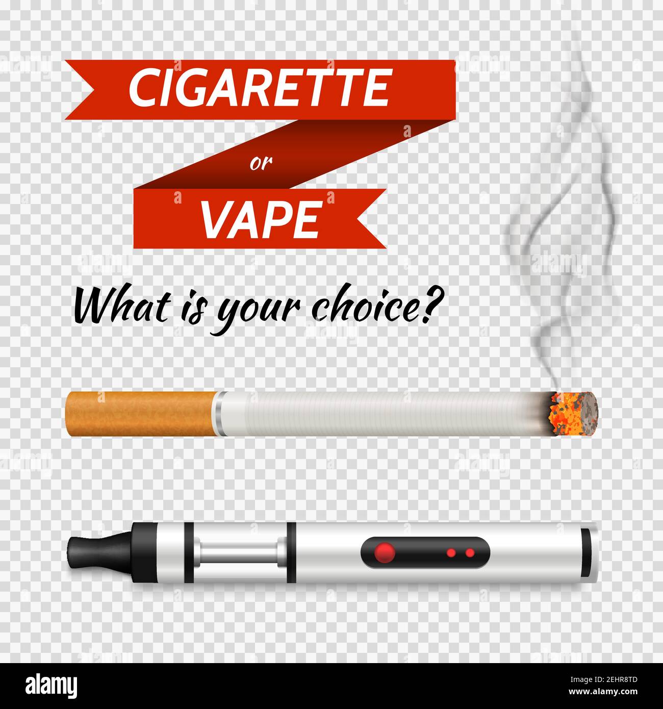 Set of realistic electronic and traditional tobacco cigarettes, red ...