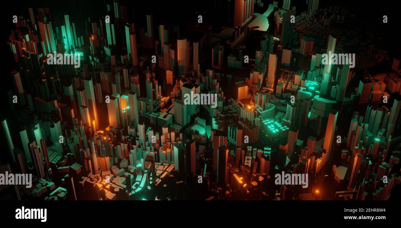 Aerial view of skyscrapers in holographic neon colors. Futuristic ...