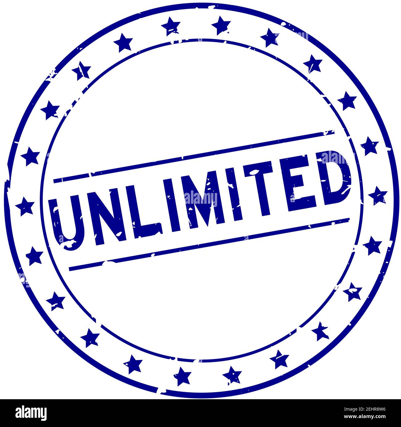 Grunge blue unlimited word with star icon round rubber seal stamp on ...