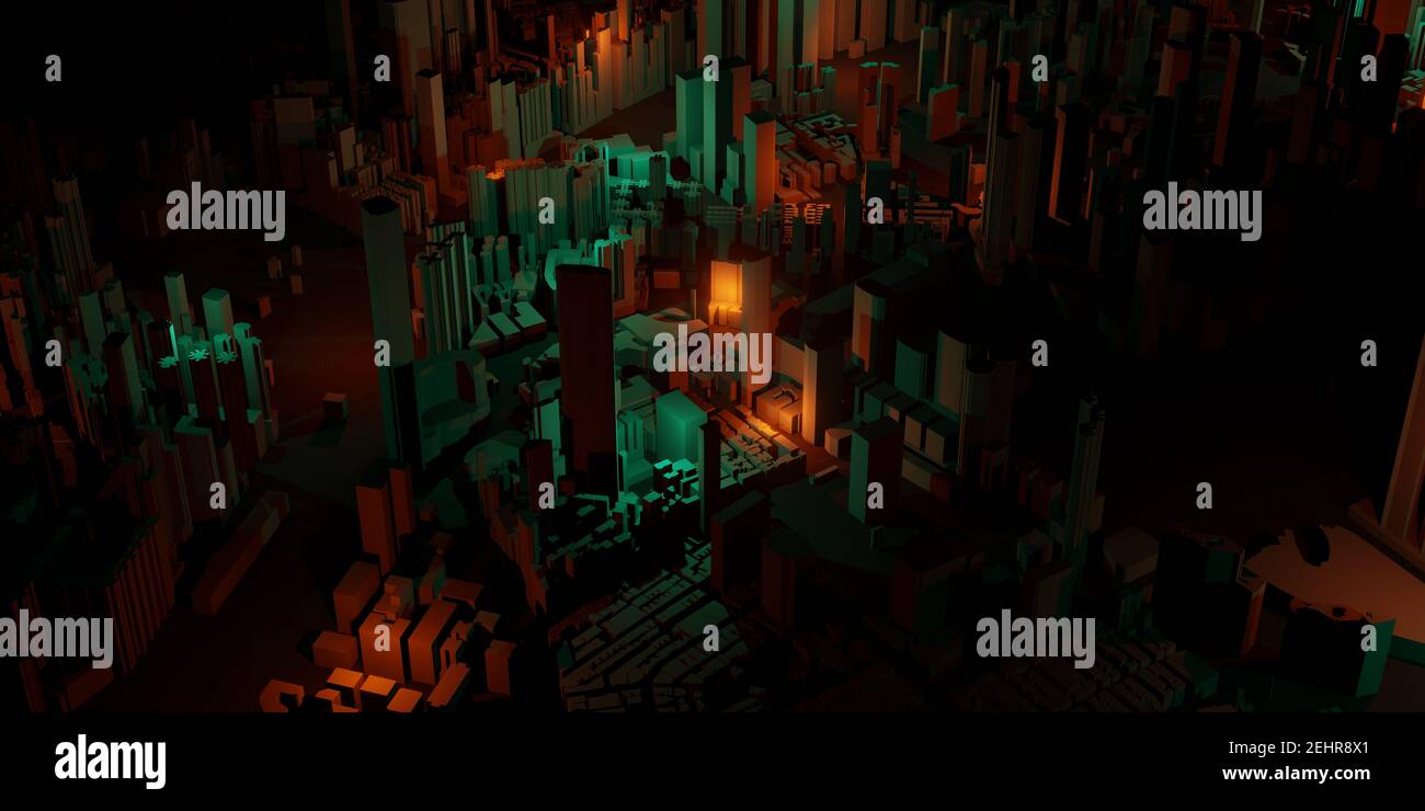 Aerial view of skyscrapers in holographic neon colors. Futuristic ...