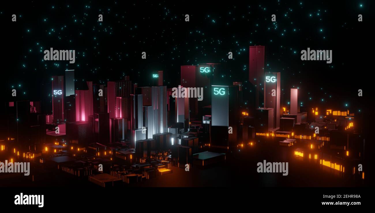 Aerial view of 5G city with skyscrapers in holographic neon colors ...