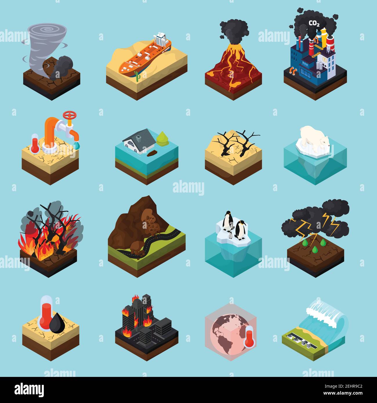 Global warming set of orthogonal isometric icons with climate changes ...