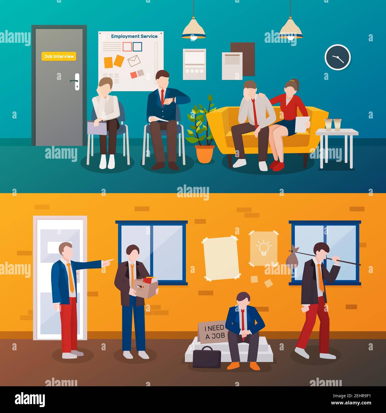Set of two horizontal unemployed people flat compositions with human ...