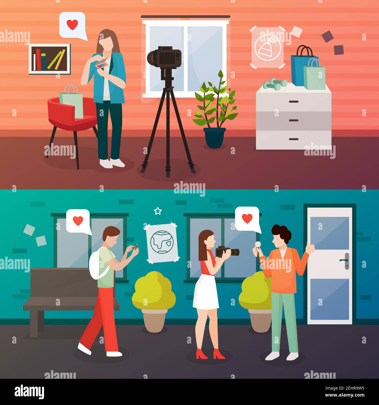 Bloggers people flat compositions set of two horizontal images with ...