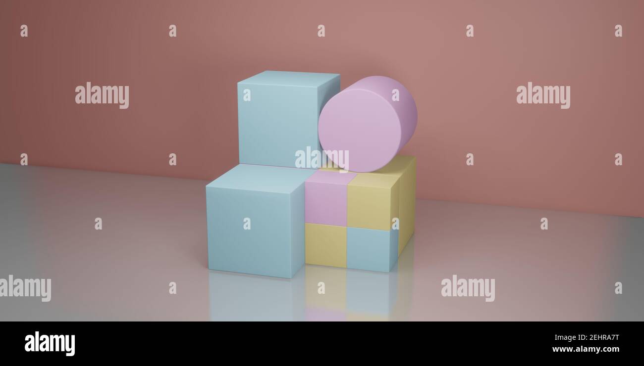 Abstract composition of geometric glossy pastel color cube and cylinder ...