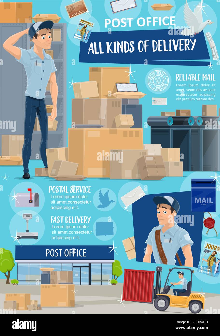 Post office, postal service, mail and parcel delivery. Cartoon postman or mailman with boxes and ...