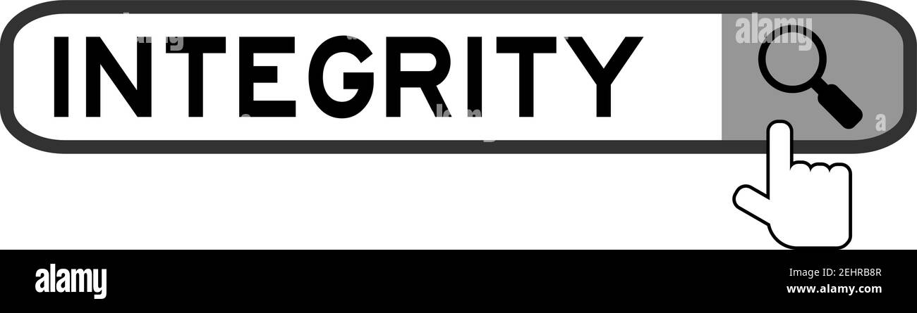 Hand icon over magnifier to find word integrity in search banner on ...