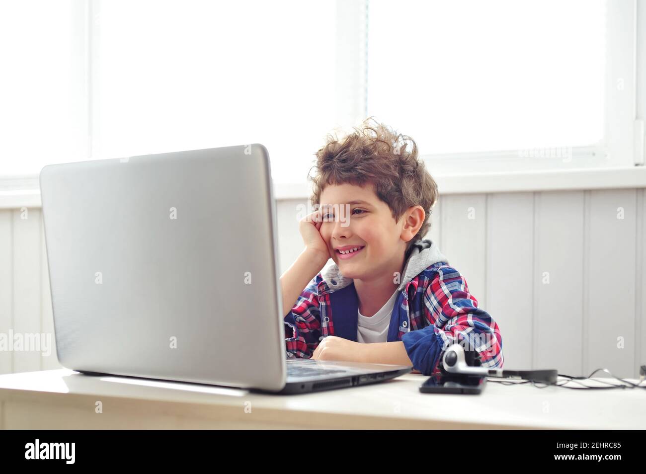 Cute little student online learning class study online video call zoom ...