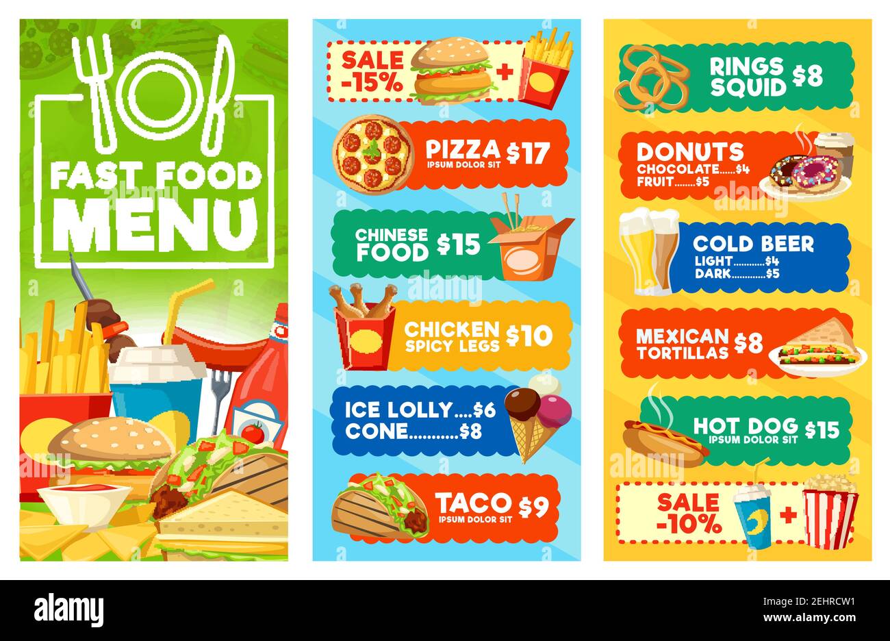Fast food menu of snacks, drinks and desserts. Hamburger, hot dog and ...