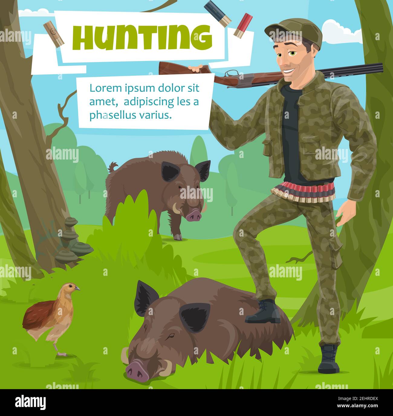 Hunting open season poster, hunter man with wild hog trophy and rifle ...