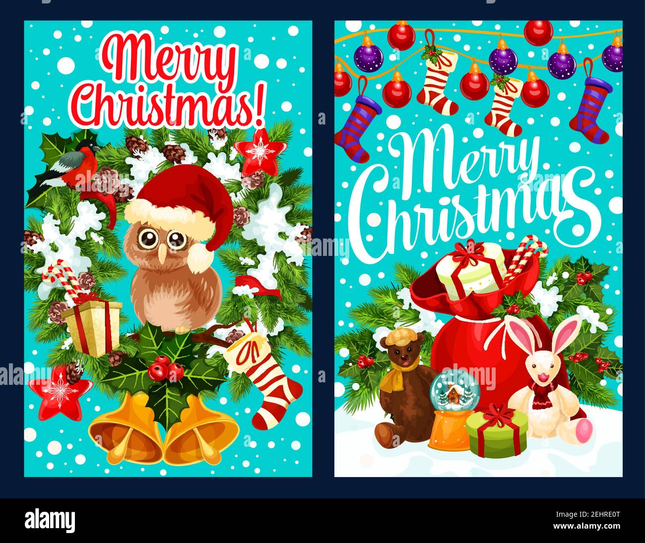 Santa gift bag and Christmas wreath greeting card. Holly berry and Xmas ...