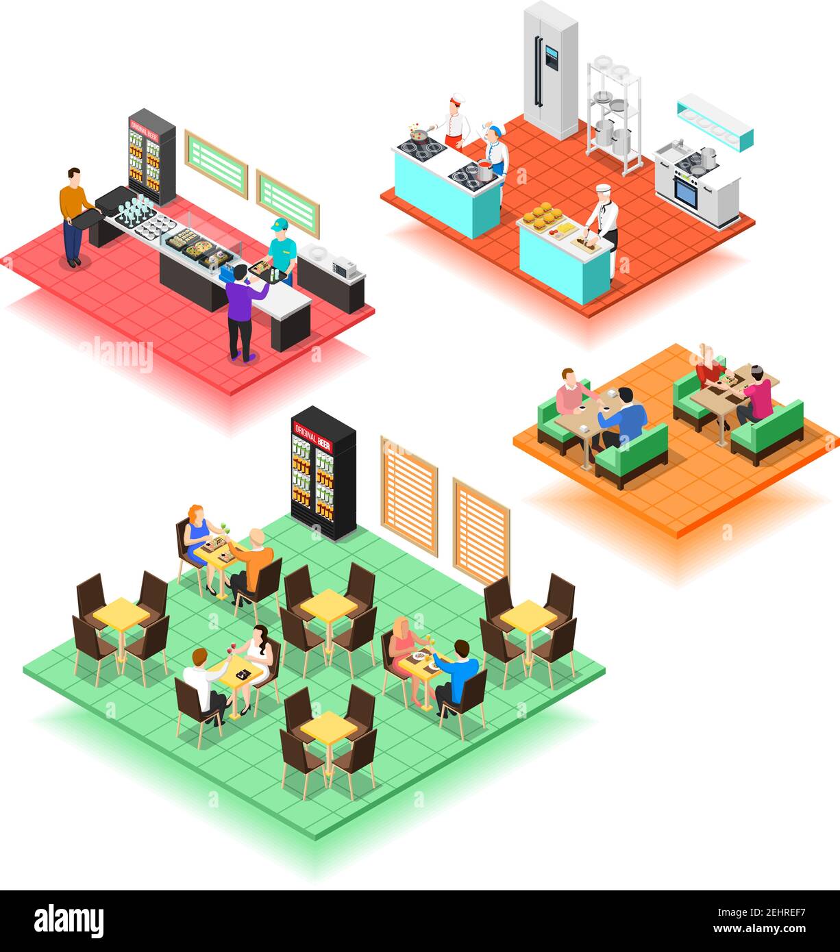 Set of isolated isometric interior compositions of fast food restaurant ...