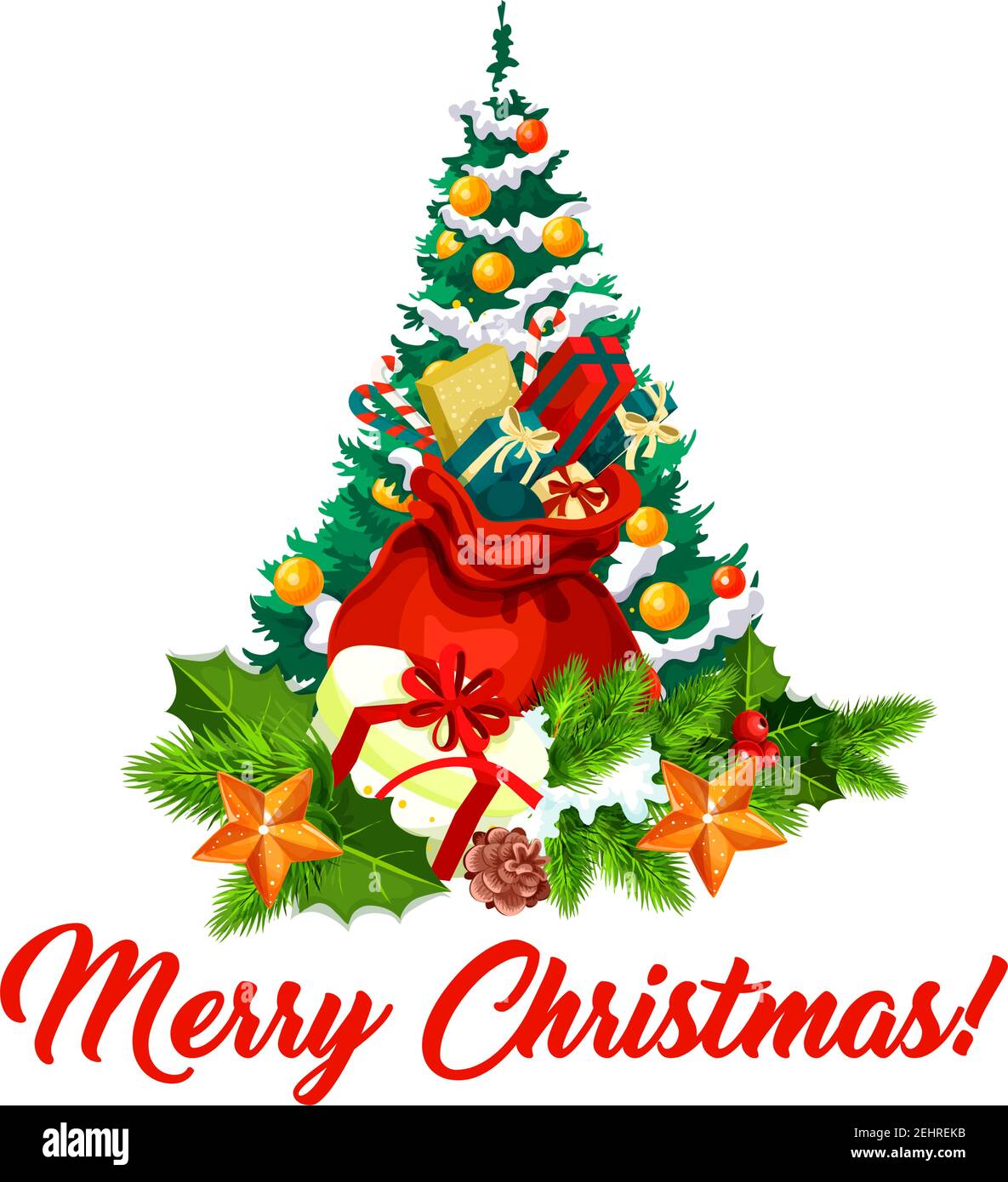 Merry Christmas wish lettering and Xmas tree in ornaments and ...