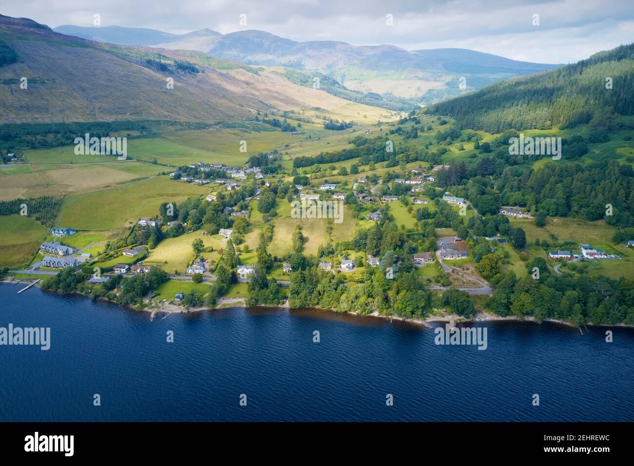 Loch Tay aerial view during summer and mountains in Perthshire Stock ...