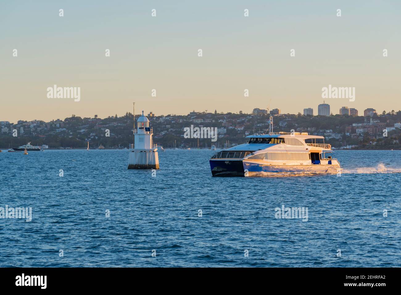An NRMA Manly Fast Ferry travelling quickly down the harbour from ...