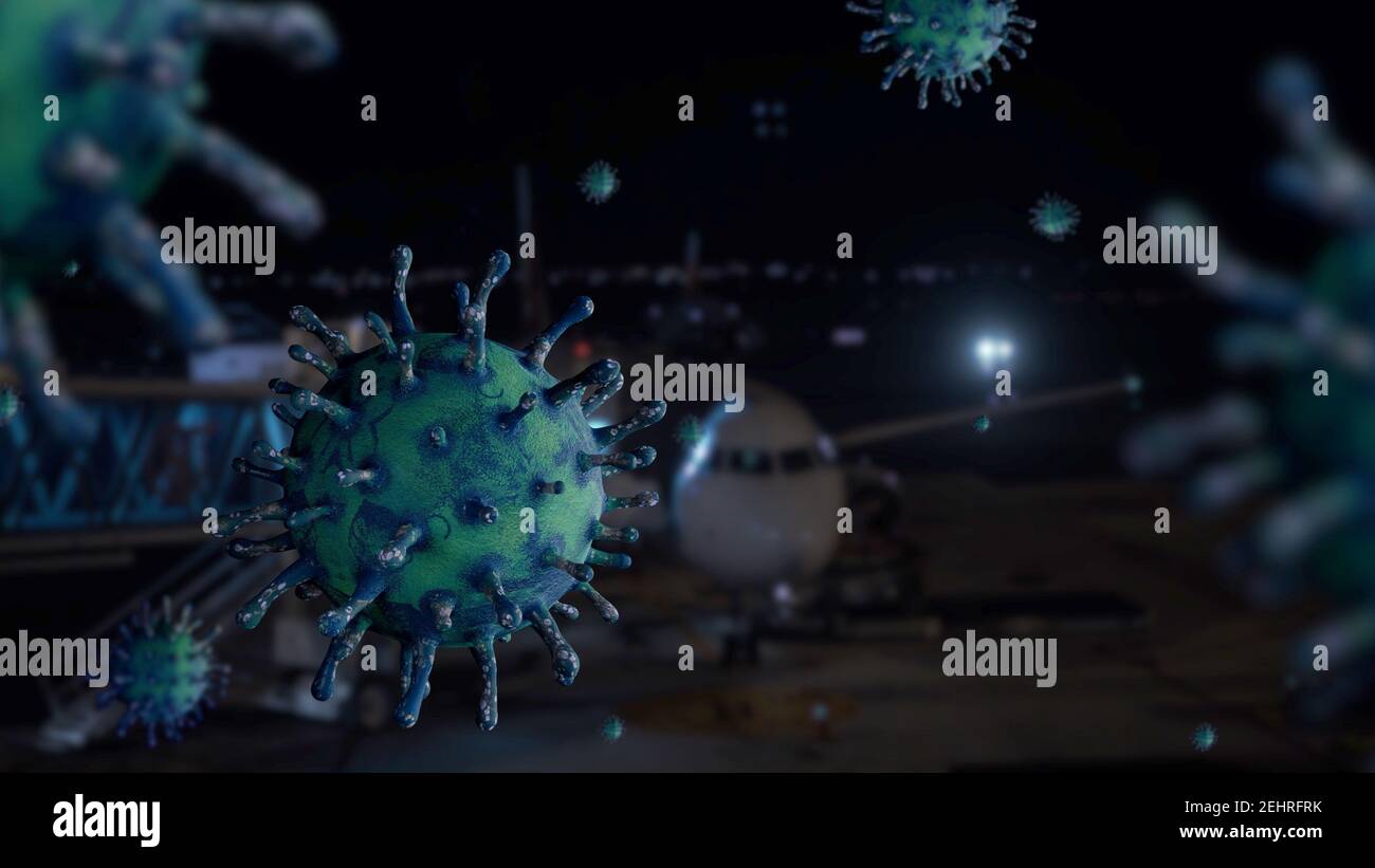3D illustration. Flu coronavirus over a plane parked at international ...