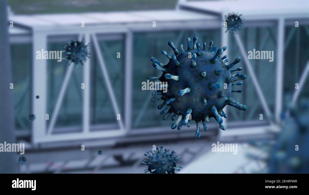 3D illustration. Coronavirus outbreak infecting air on traveling by air ...