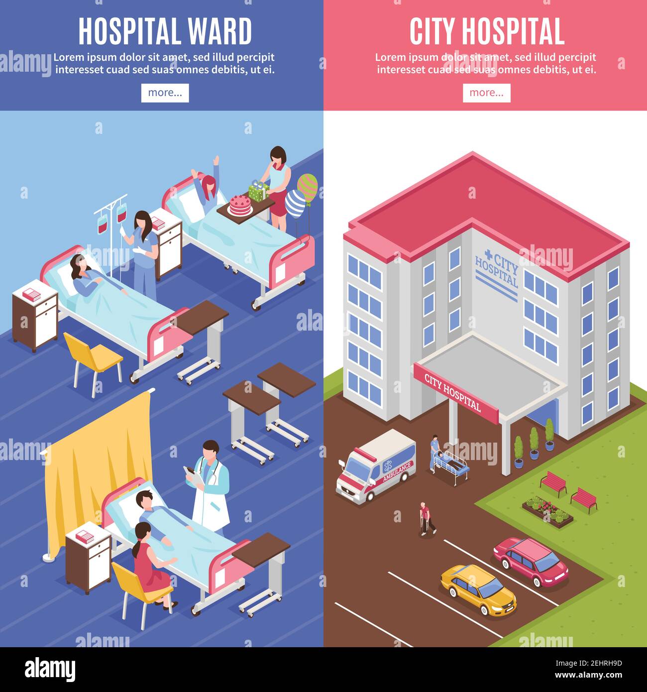 Hospital vertical banners set with city hospital symbols isometric ...