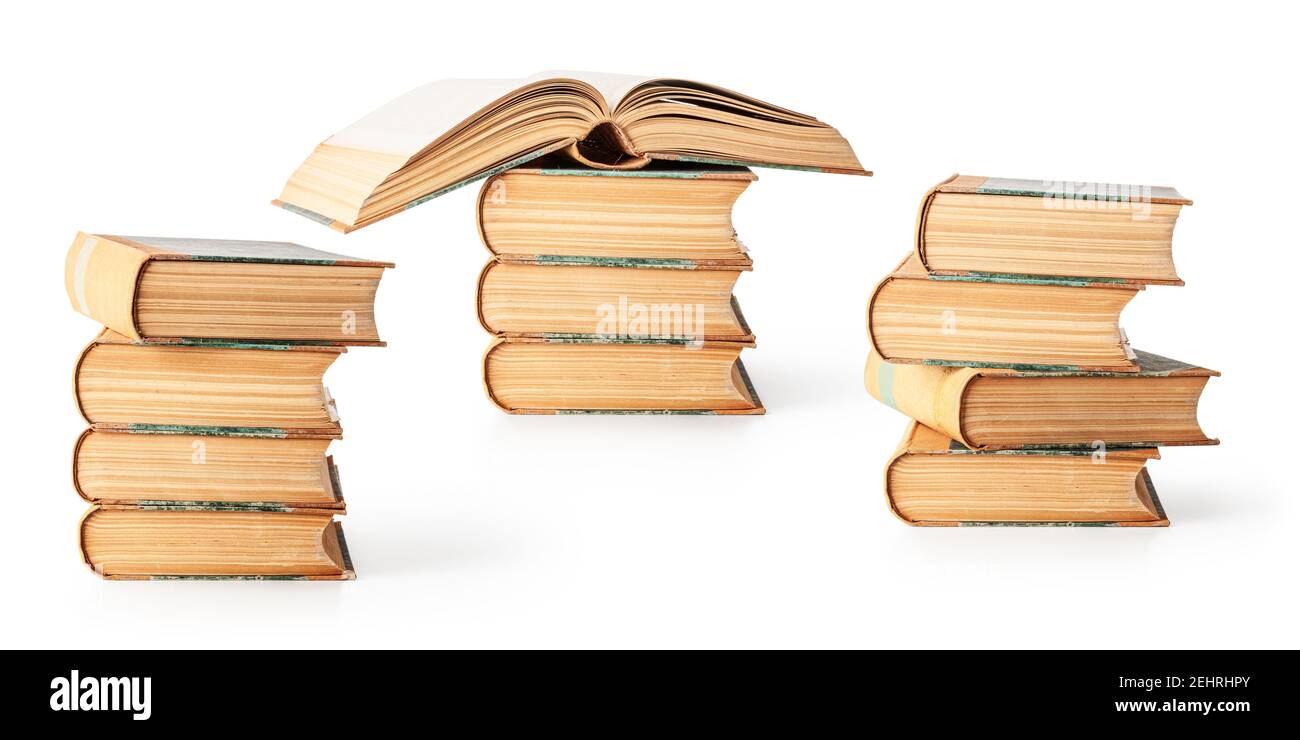 Stack of old books. Vintage book collection isolated on white ...
