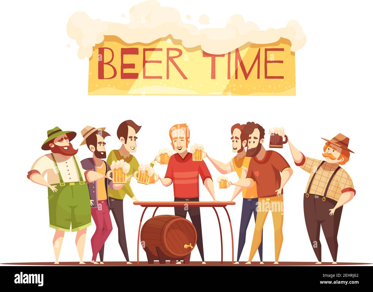 Beer time design concept with happy male company holding in hands mugs ...