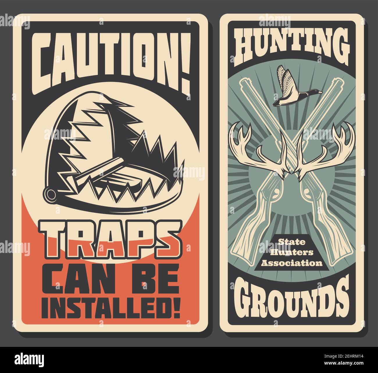 Hunting sport vintage banners with bear trap and guns or rifles, moose ...