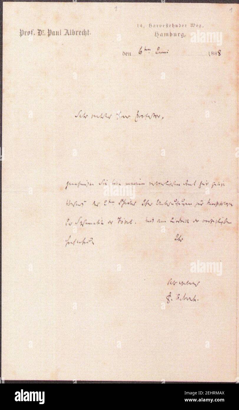 Paul Albrecht an Max Fürbringer, 6. Juni 1888 Stock Photo - Alamy