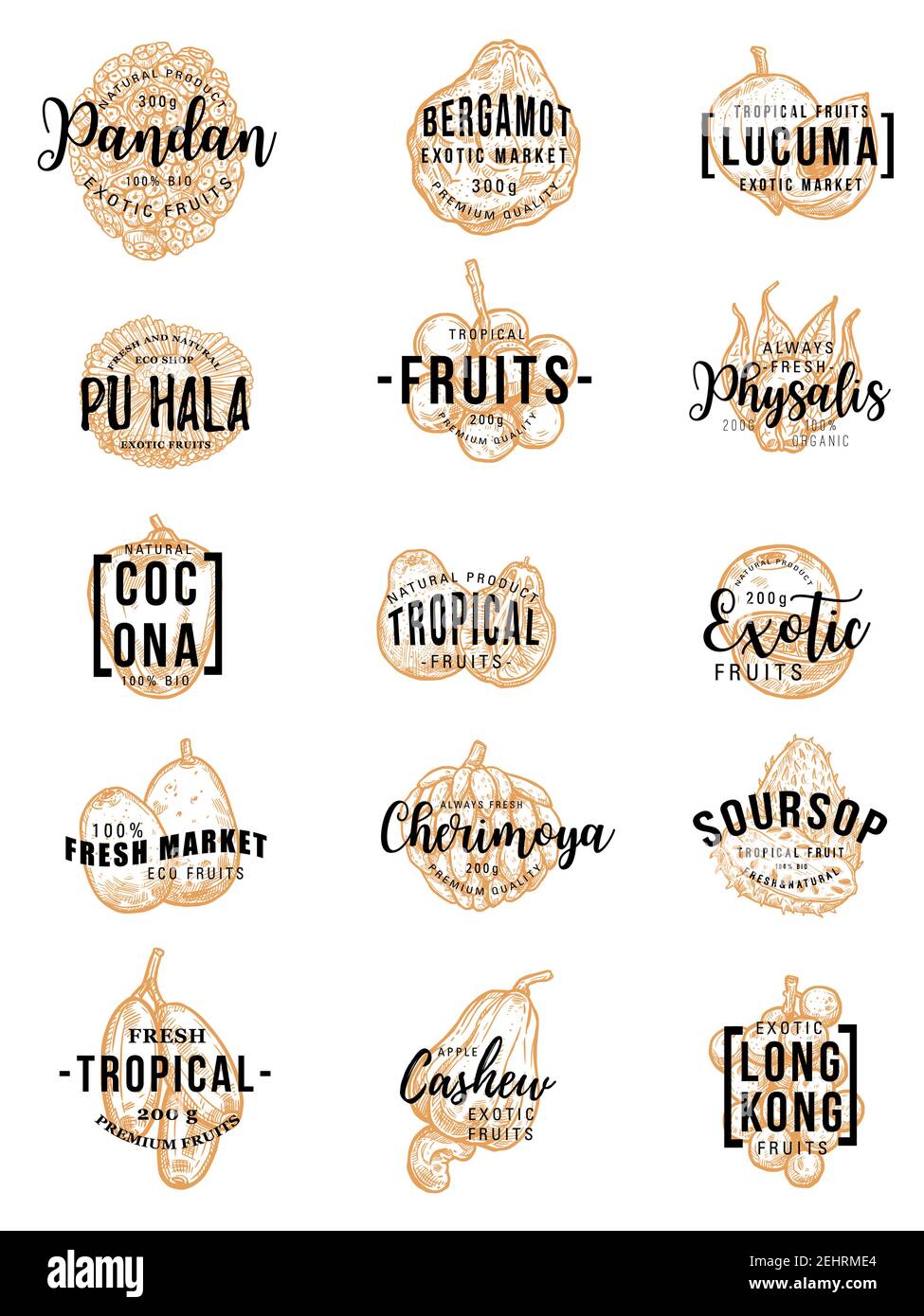 Exotic tropical fruits sketch lettering. Vector calligraphy of bergamot ...