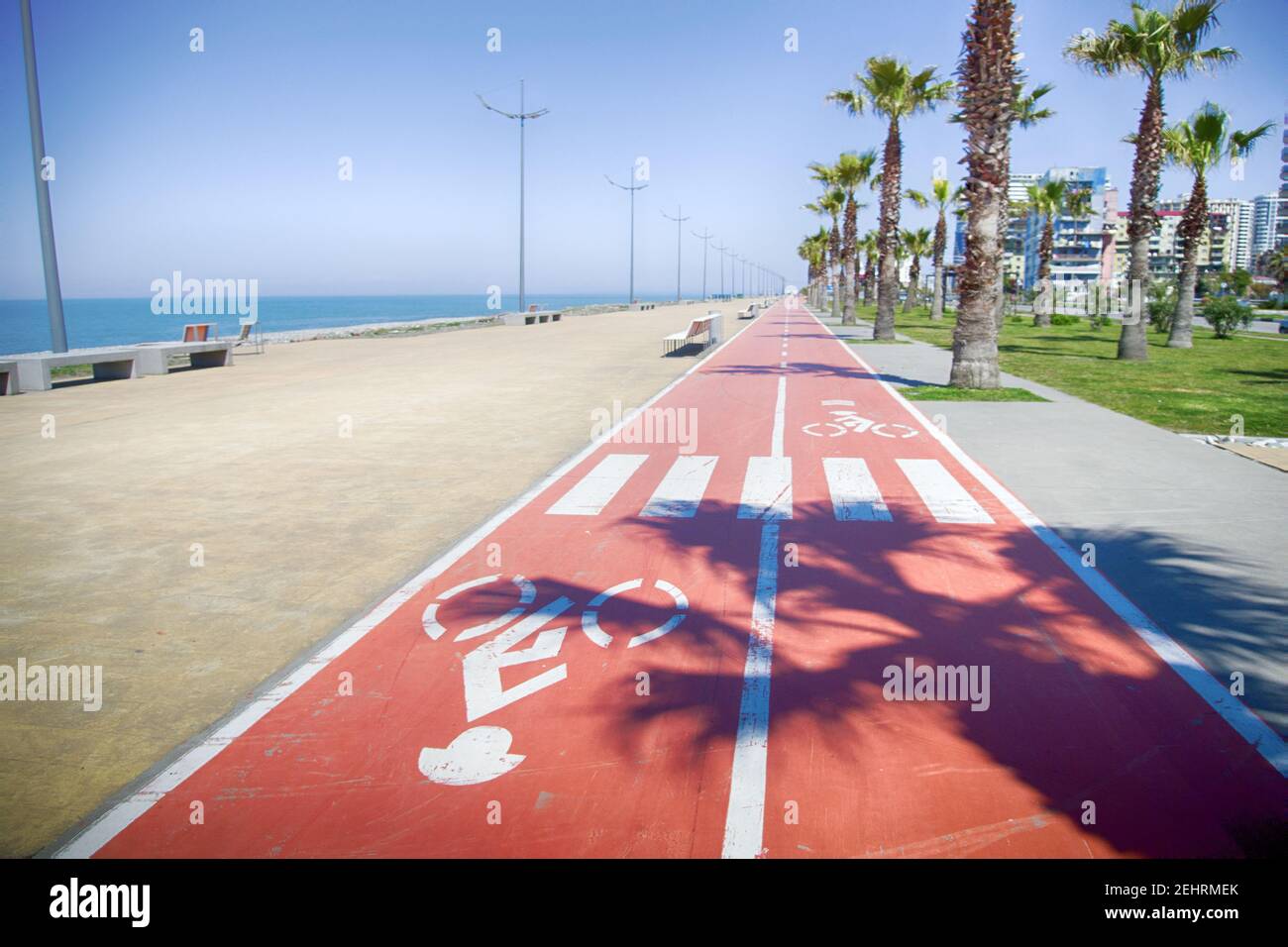 Beautiful sea promenade with bike path. Bicycle infrastructure in the ...