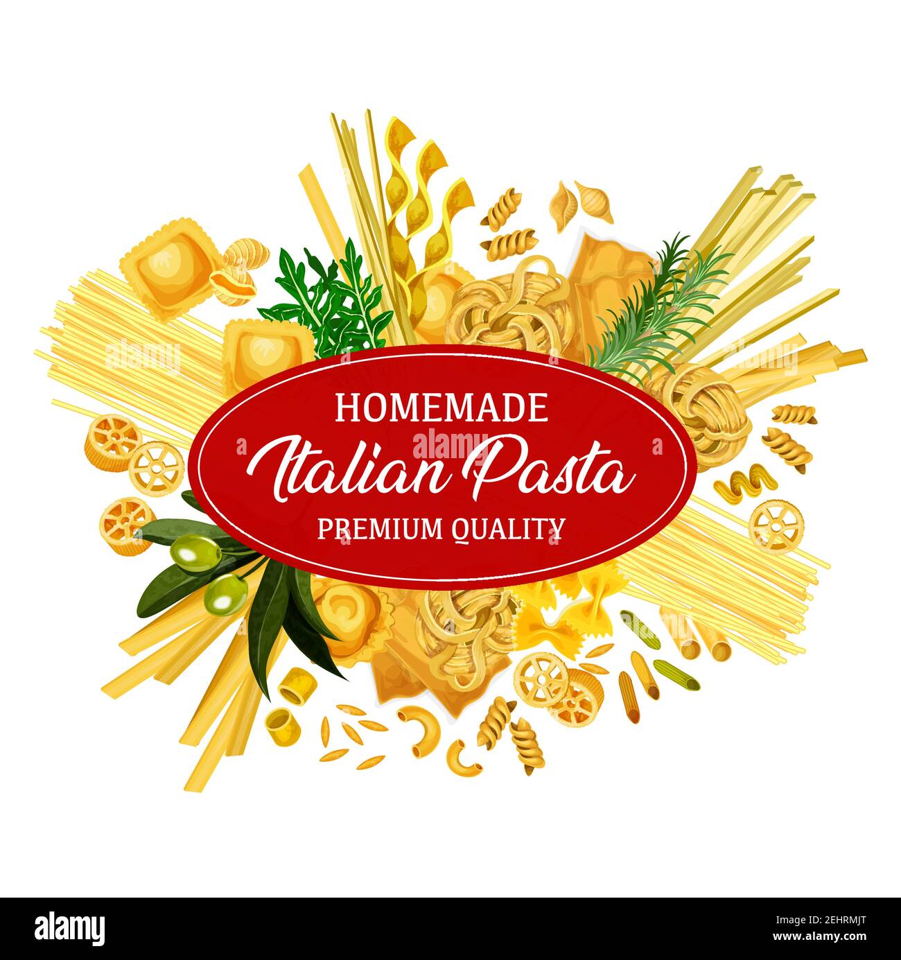 Italian pasta product, vector banner. Macaroni and spaghetti, fusilli ...