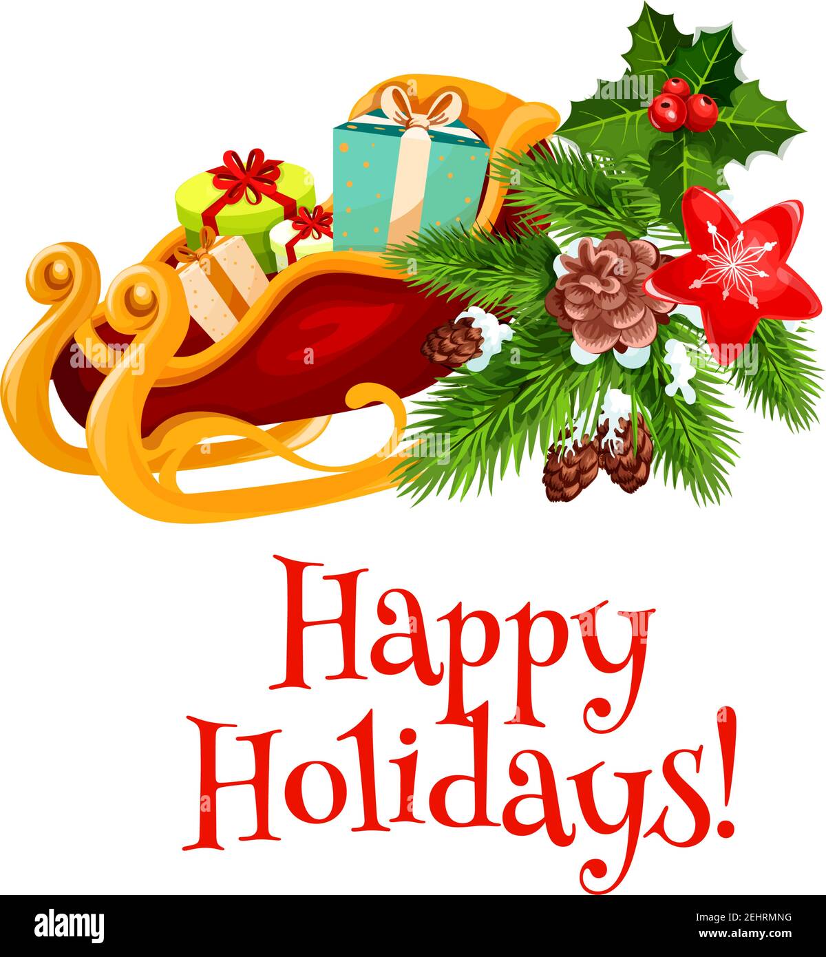 Winter holiday icon with Christmas gift in Santa sleigh. Reindeer ...