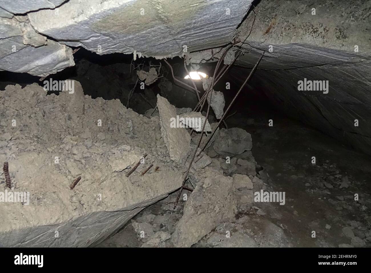 Mudslide destroyed tunnel and road. Natural disaster in mountains in ...