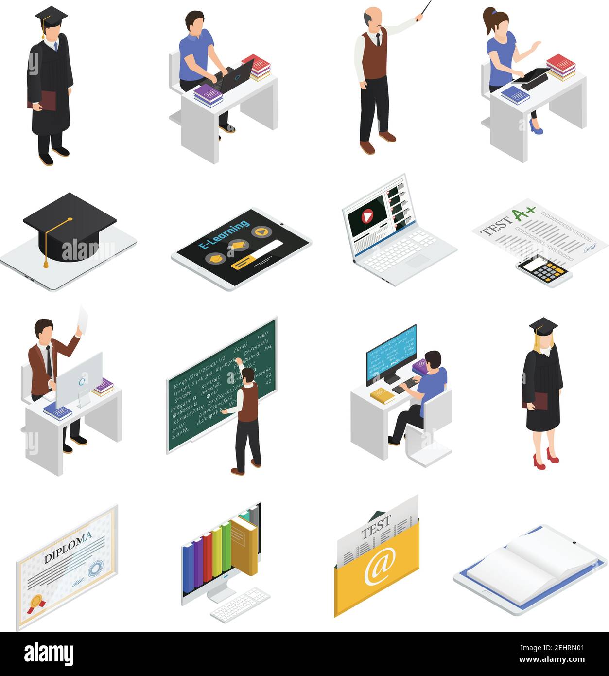 Students teachers and devices for e-leaning isometric icons set ...