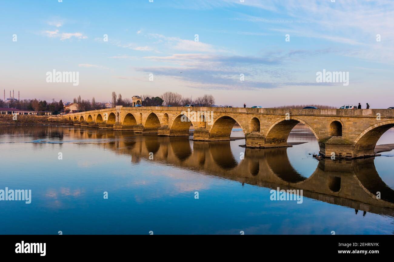 EDIRNE, TURKEY. Meric Bridge (Mecidiye Bridge) above Meric River Stock ...