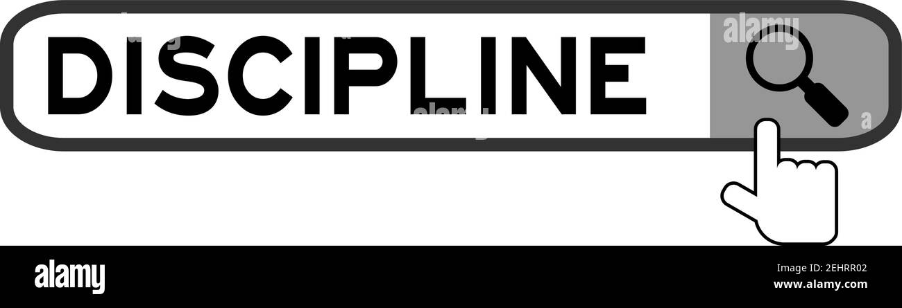 Hand icon over magnifier to find word discipline in search banner on ...