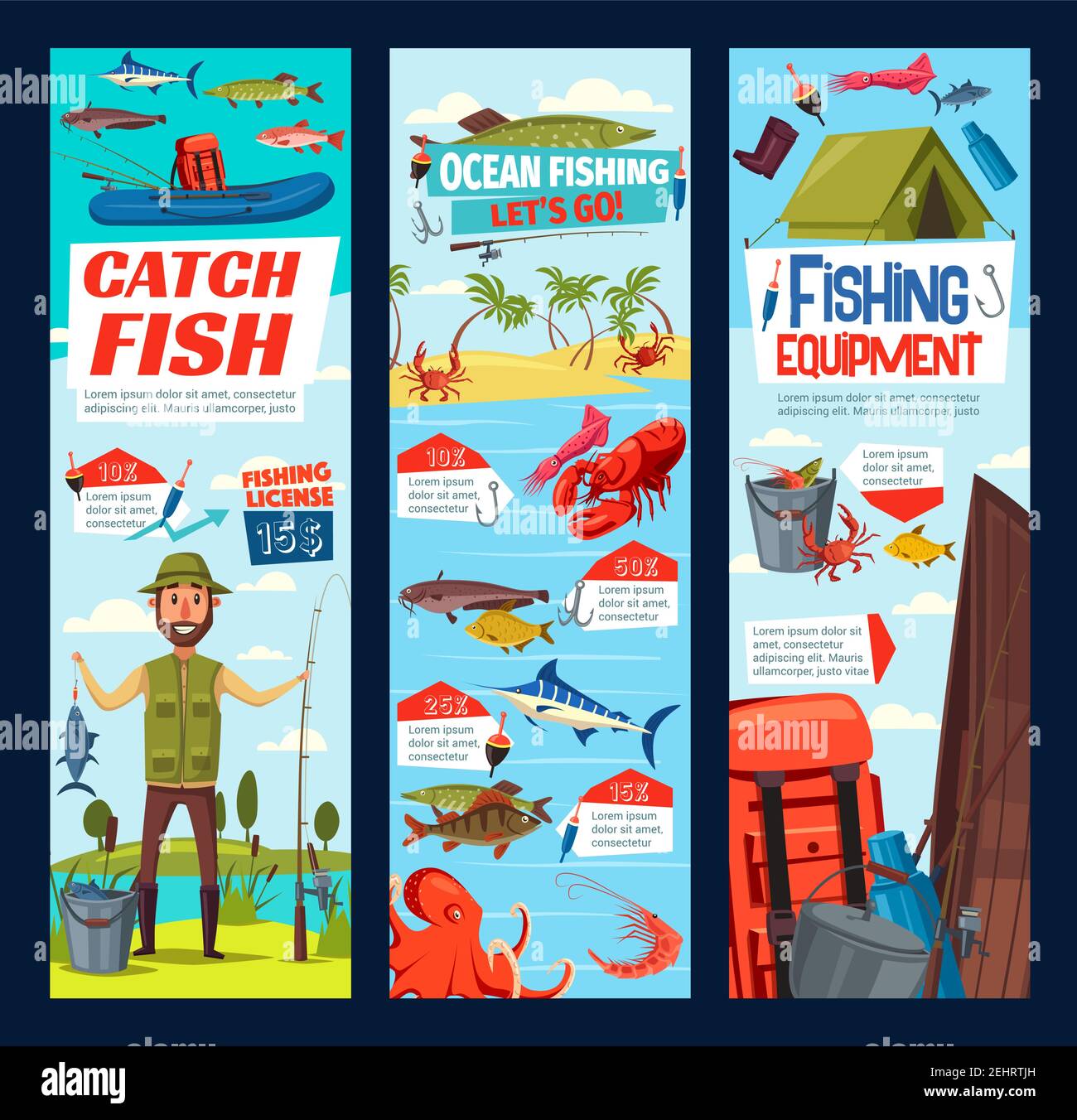 Ocean fishing banners with fisher man and tackles for fish catch ...