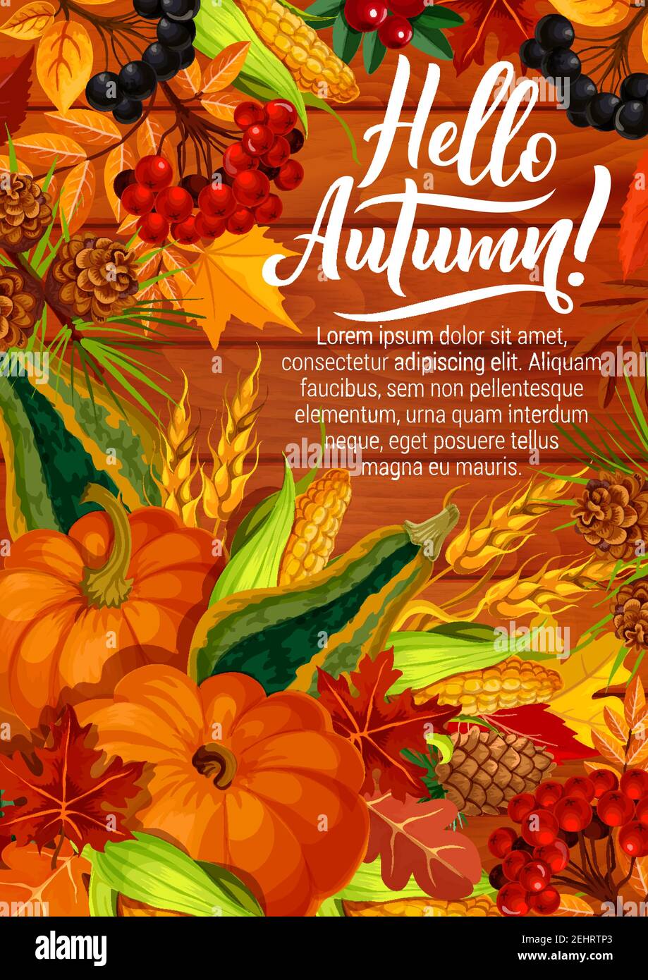 Hello Autumn quote poster with calligraphy and seasonal harvest of ...