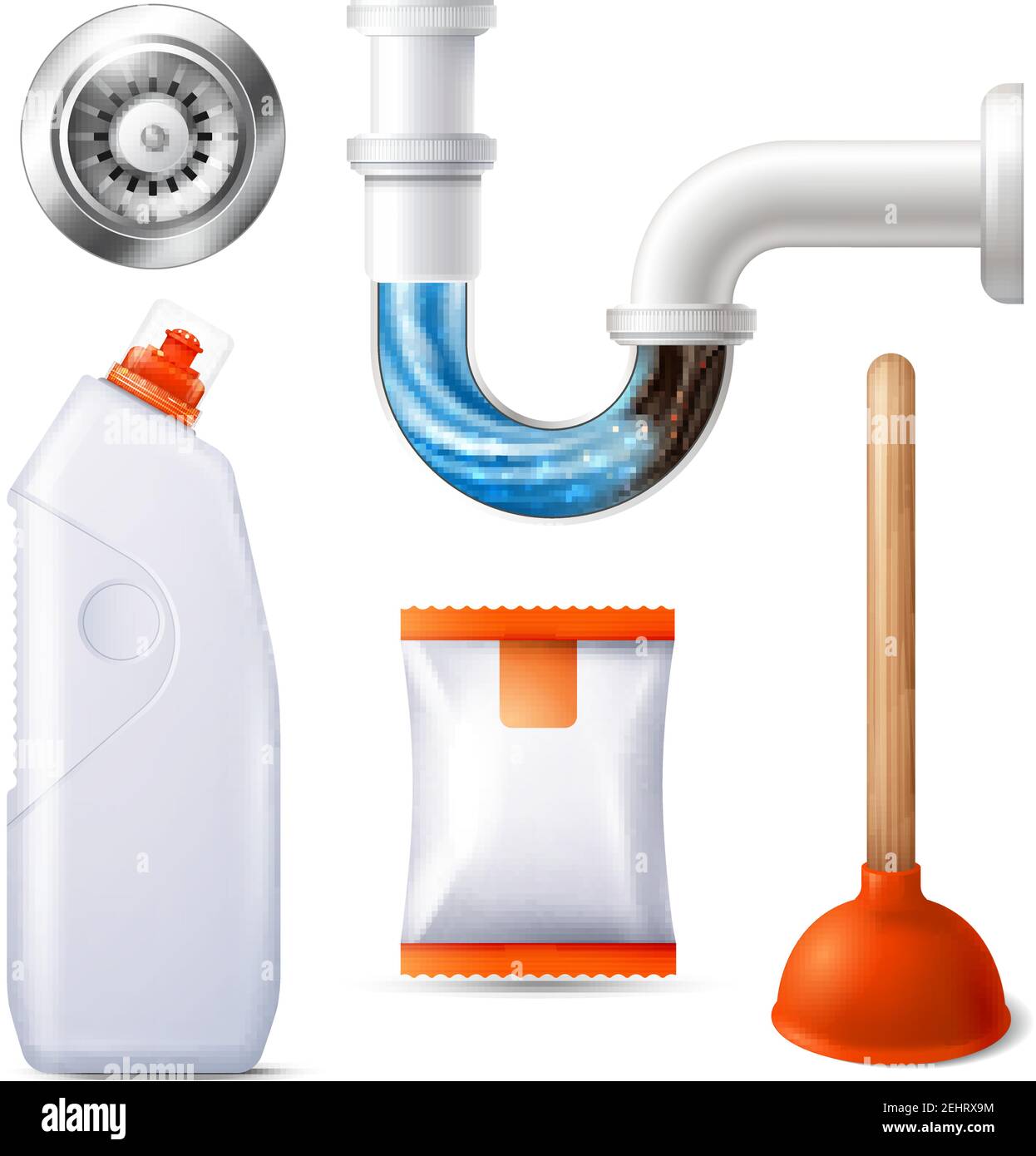 Colored isolated realistic drain cleaner icon set with vantuz and pipe ...