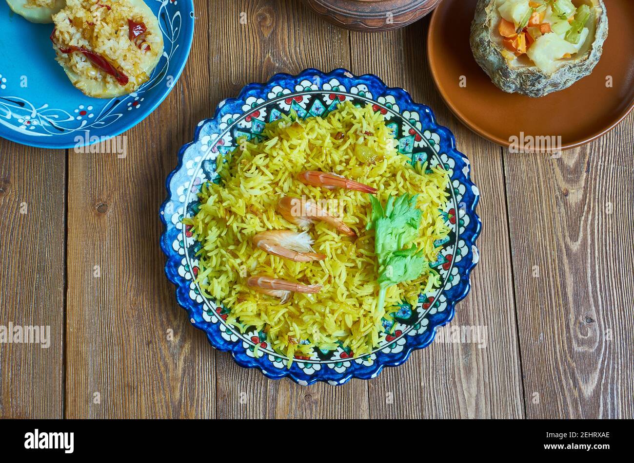 Mumawwash classic dish from Kuwait combines rice topped with dry shrimp ...